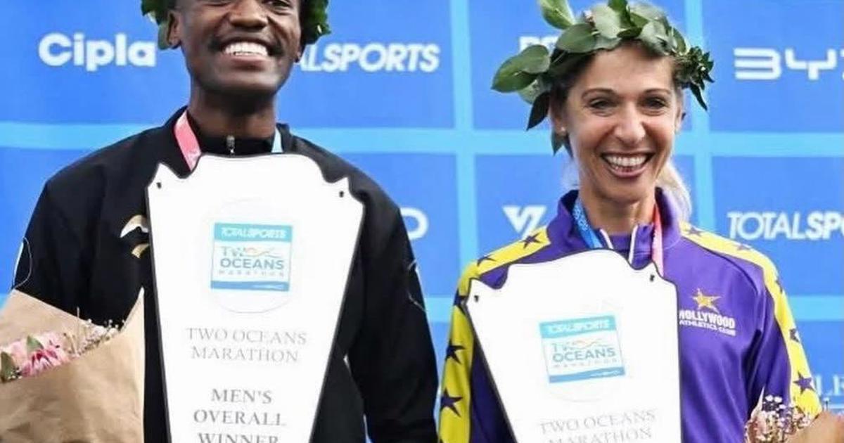 Ultra marathon queen Gerda Steyn celebrating after Two Oceans win