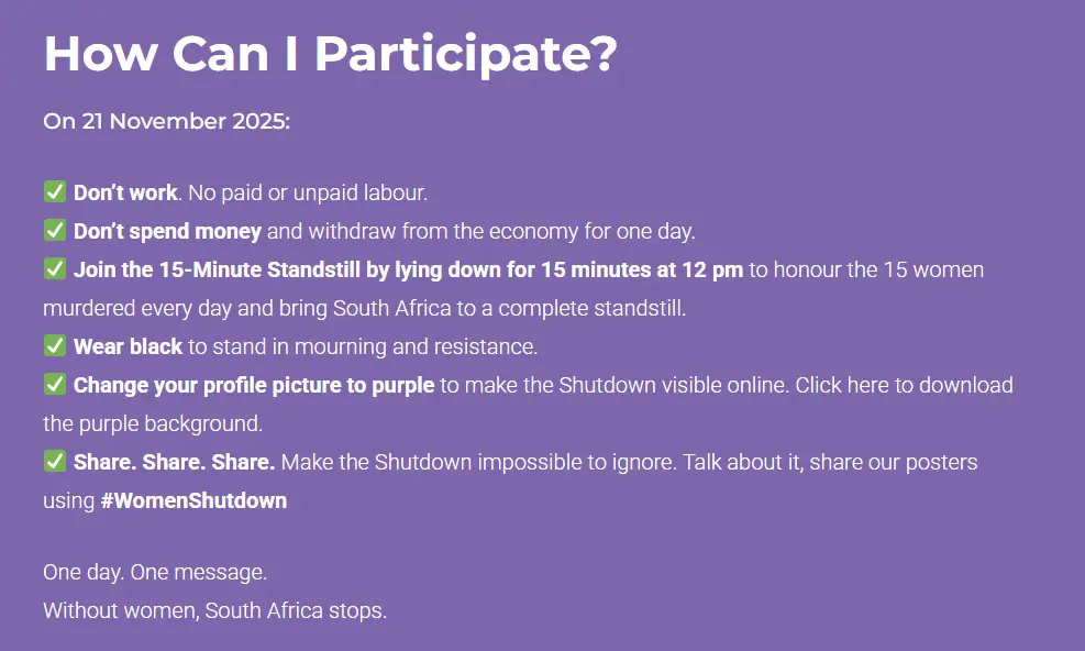 Purple goes viral as Women for Change SA lobbies for shutdown ahead of G20