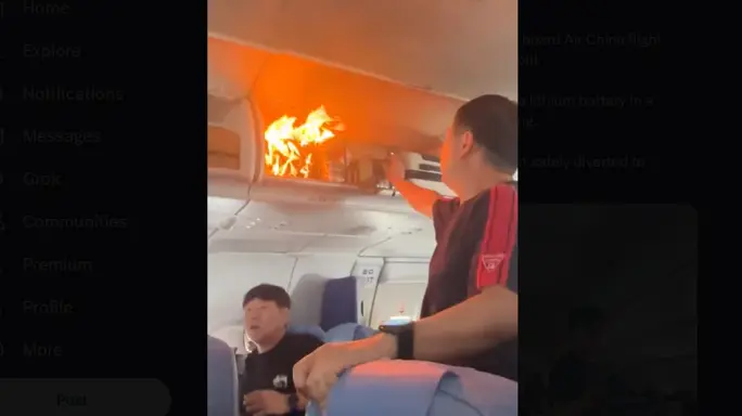 WATCH: Lithium battery catches fire on flight, forcing emergency landing