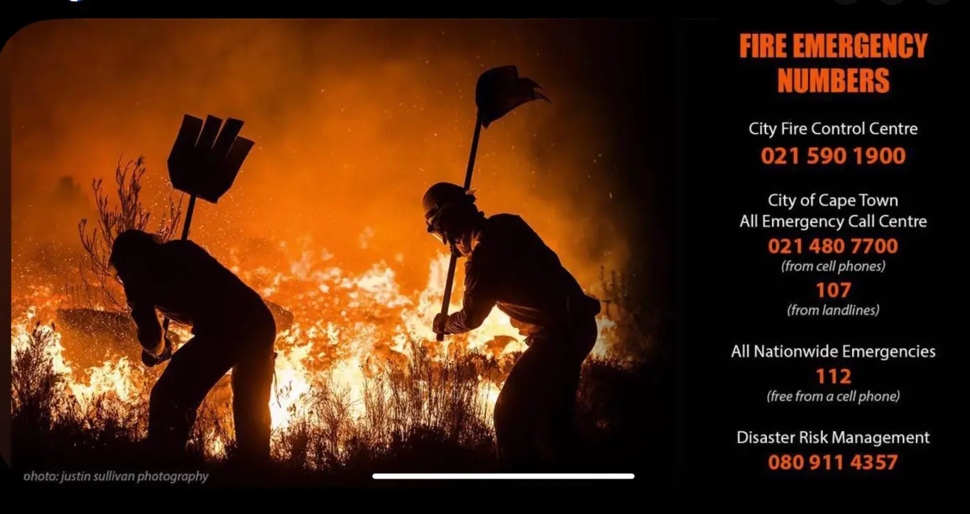 Emergency numbers to call during the fire in Table Mountain National Park